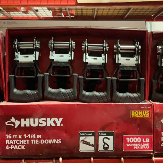 Husky 16 ft. 1.25 in. Ratchet Tie-Down Straps with S-Hook (4-Pack ...